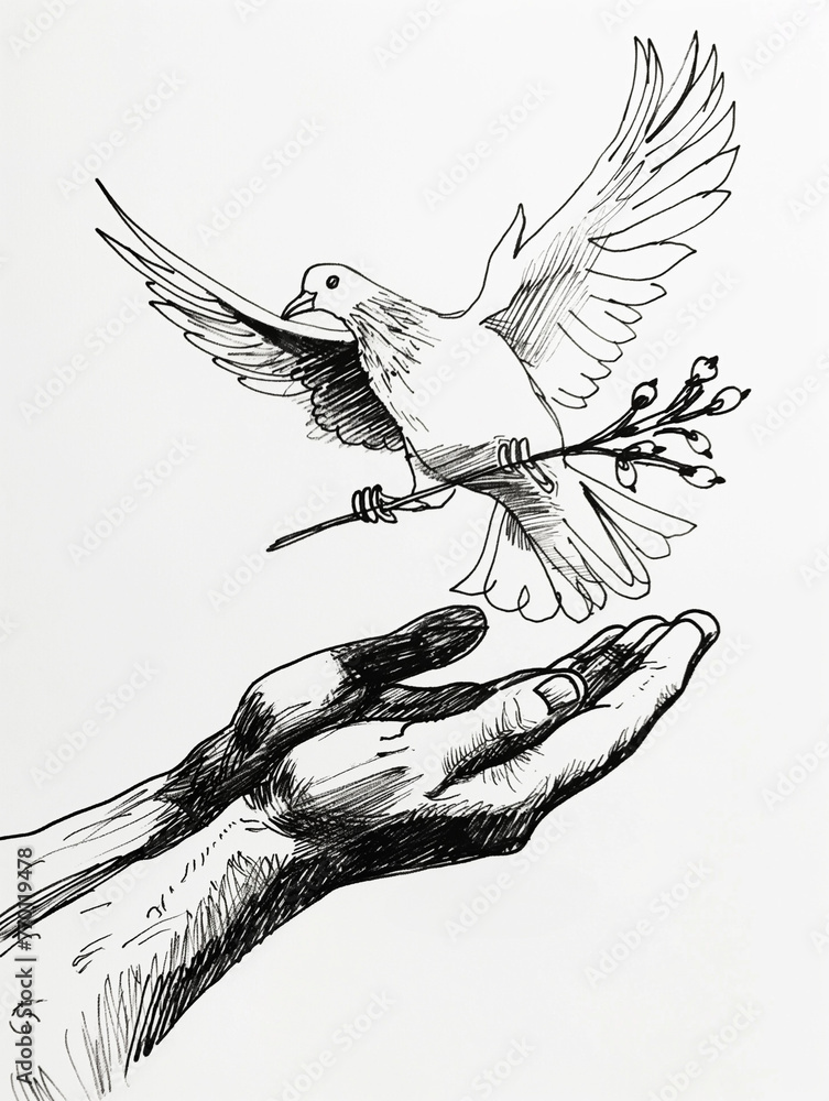 Dove symbol of peace, freedom, love and fraternity flying over open ...