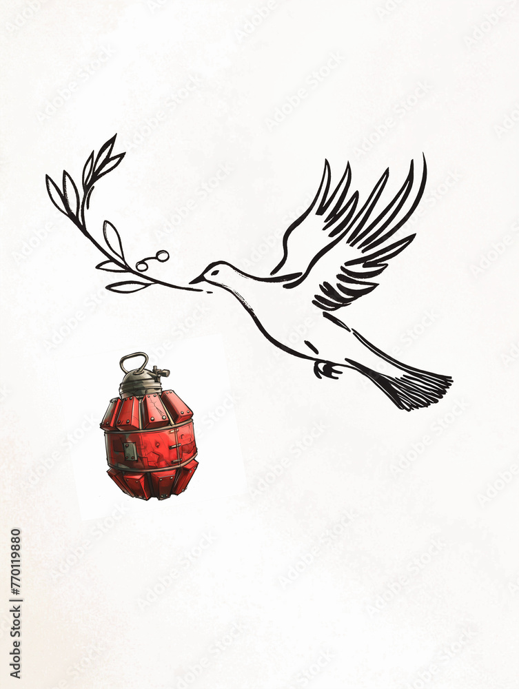 Cartoon satirical drawing with a symbol of peace and war, white dove ...