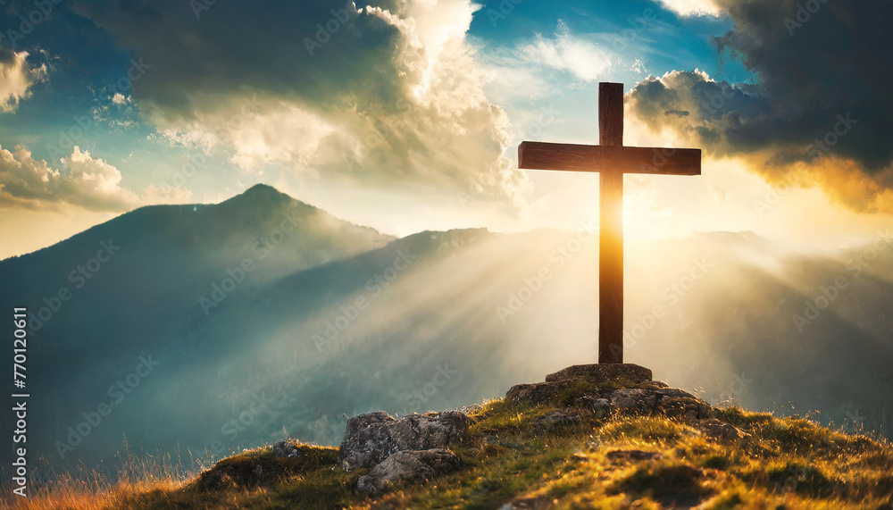 Holy cross against sunset sky at Golgotha, representing Jesus Christ's ...