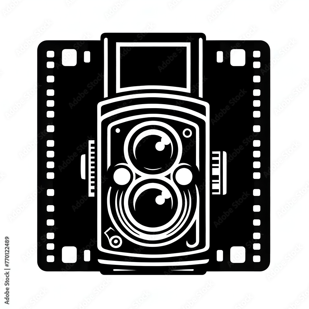 Stylized black and white drawing of a medium format camera within a 6x6 ...