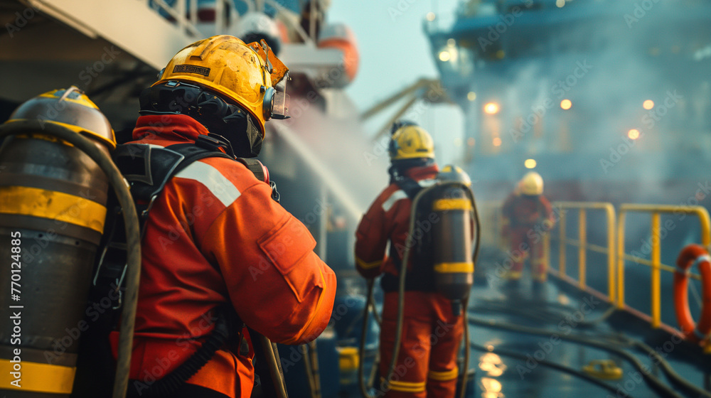 Seamen during fire emergency training drill, on board a merchant cargo ...