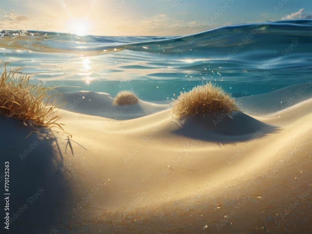 sand underwater, depicting grains of sand gently illuminated by ...