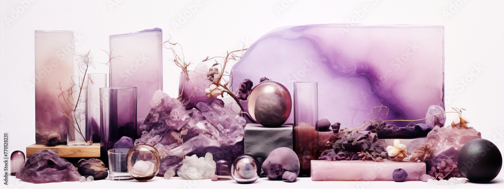 Still life photography of purple and pink crystals, rocks, and spheres ...