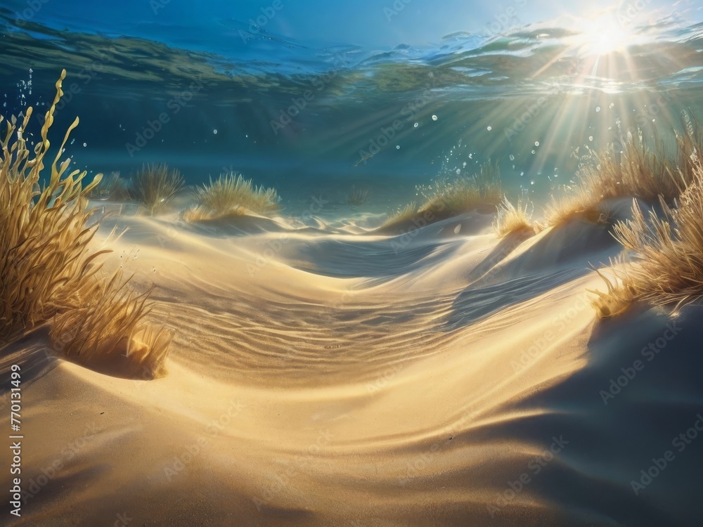 sand underwater, depicting grains of sand gently illuminated by ...