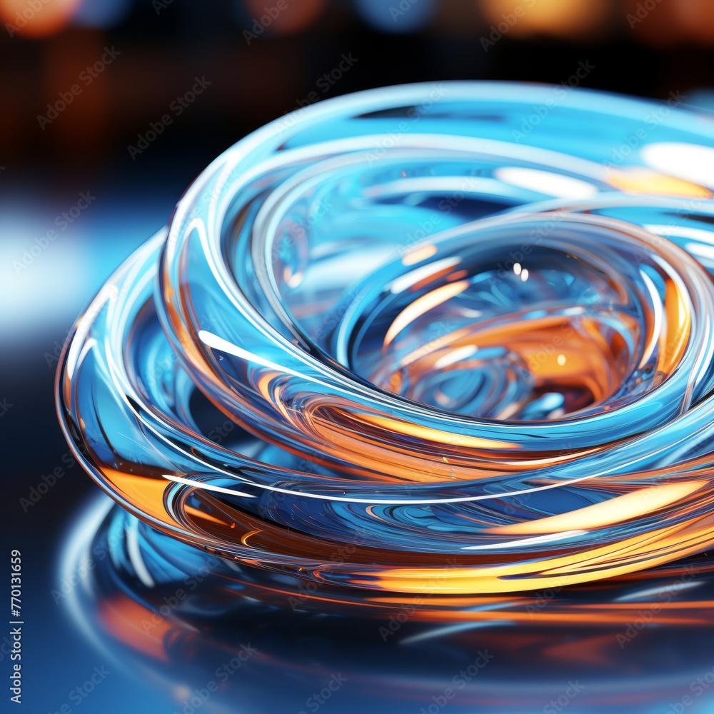 Abstract geometric blue background with glass spiral tubes, flow clear ...