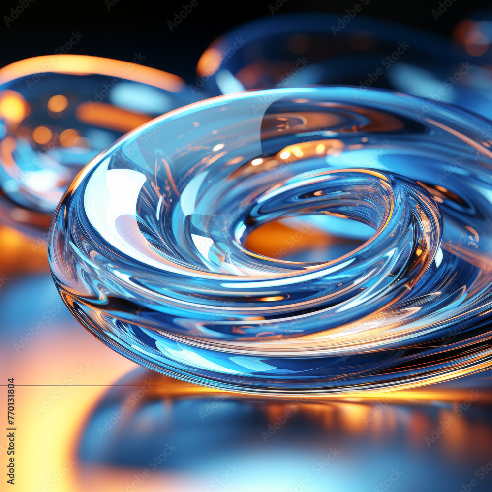 Abstract geometric blue background with glass spiral tubes, flow clear ...