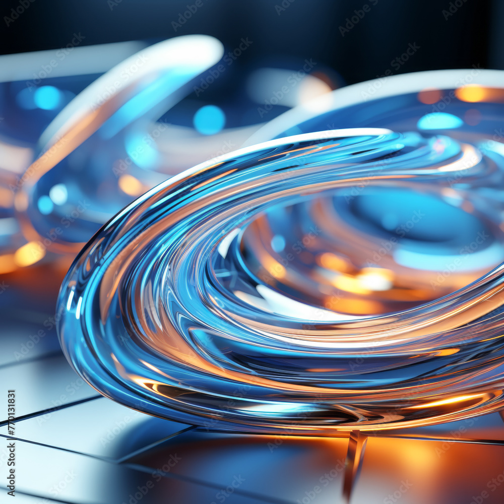 Abstract geometric blue background with glass spiral tubes, flow clear ...
