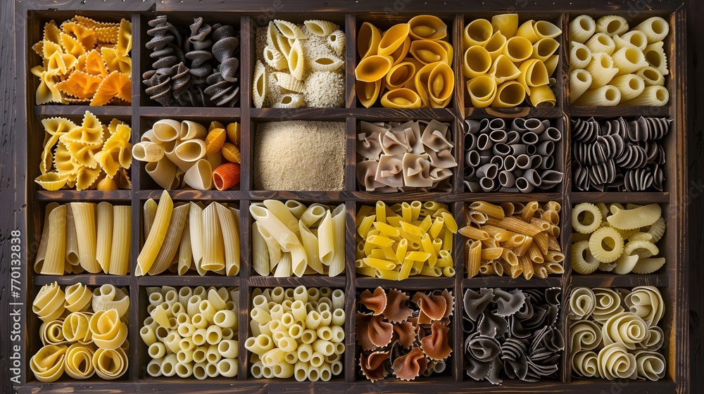 Pasta assorted. Set of different types of paste in the cells of a ...