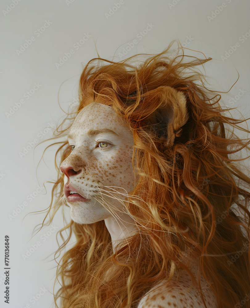 lion woman, anthropomorphic hybrid of human and animal, portrait of a ...