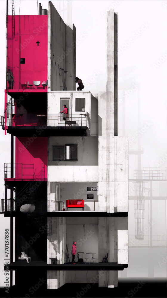 Isometric cutaway view of a residential building with pink accents ...