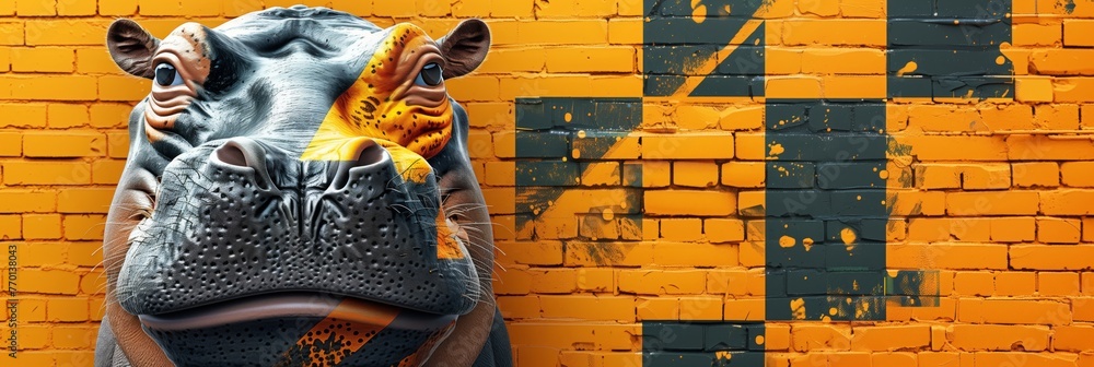 Vibrant panoramic image of a humorous hippopotamus head against a ...