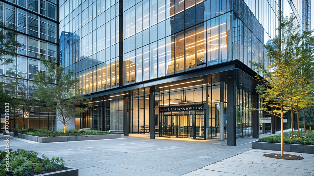 A modern bank building with glass facades, a welcoming entrance, and ...