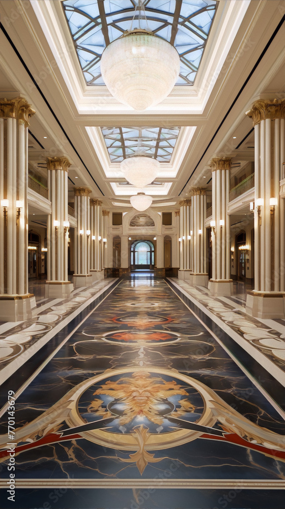 ornate columns and coffered ceiling of a grand hall in rococo style with marble floor Stock ...