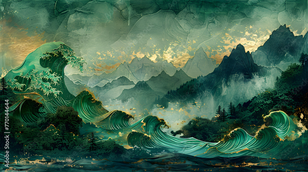 Emerald green dynamic wave, Japanese paper texture Katsushika Hokusai ...