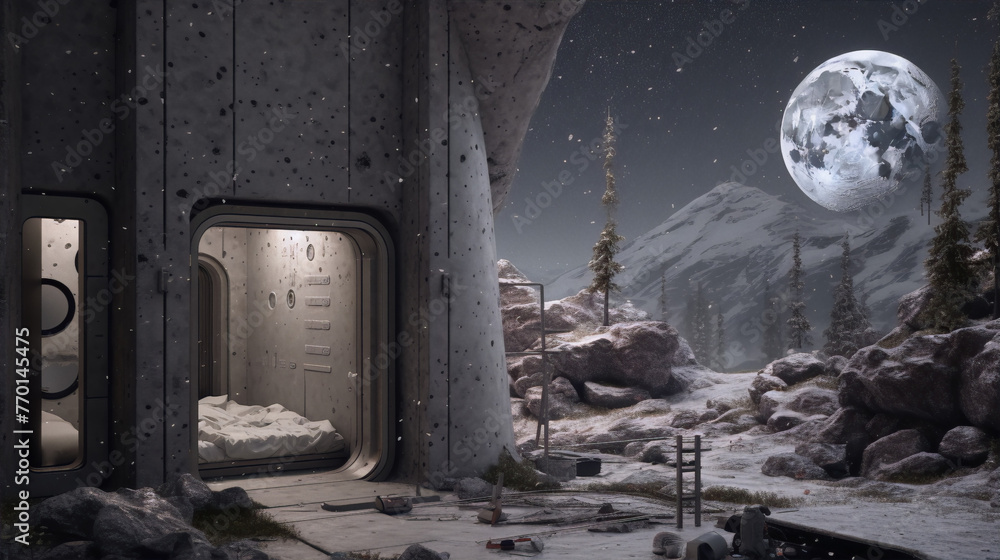 Futuristic brutalist concrete moon bunker exterior with snowy mountain ...