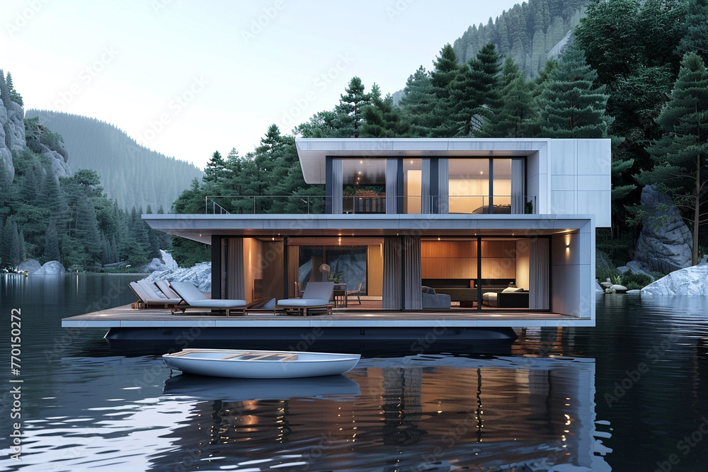 An innovative floating house with a sleek design, large windows, and a ...
