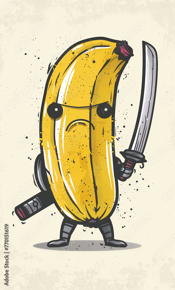 Cartoon illustration of very cute kawaii anime styled samurai banana ...