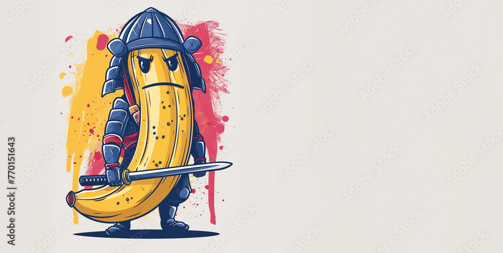 Cartoon illustration of very cute kawaii anime styled samurai banana ...