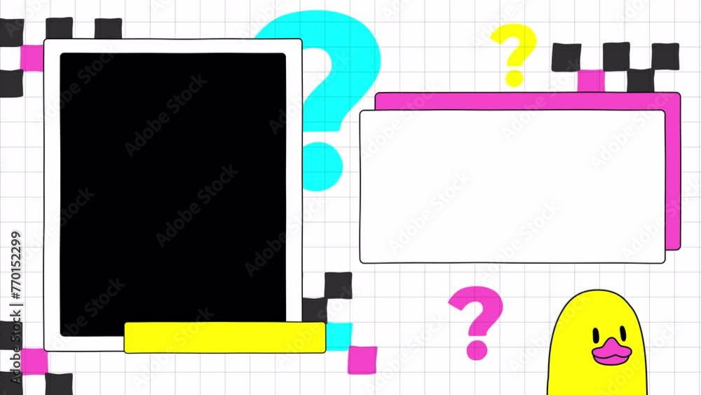 Cartoon frame with animated sticker characters and question marks ...