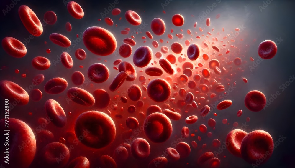 This image shows a dynamic cluster of red blood cells against a dark ...