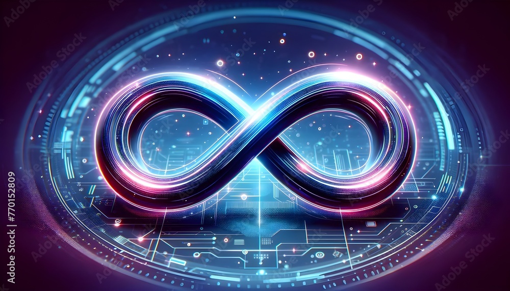 This image portrays a neon-lit infinity symbol in a vibrant blue and ...