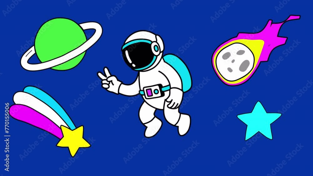 Set of 5 space cartoon sticker character animations on a transparent ...