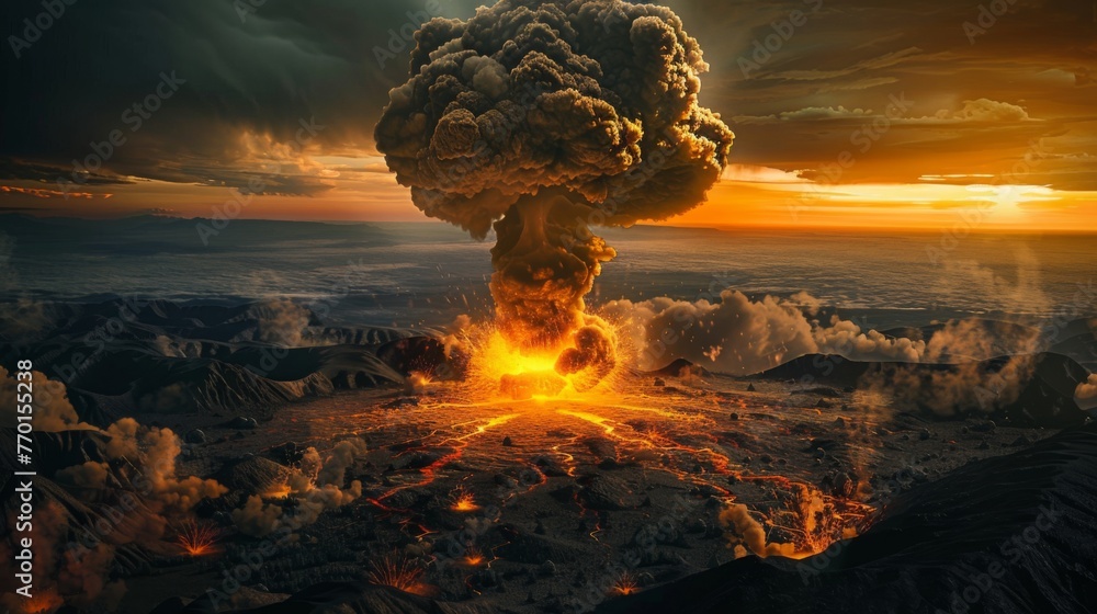 Nuclear explosion day or night. Stormy sky, shock wave against the ...