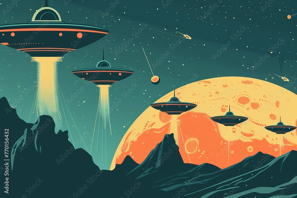 Seamless backdrop of mid-century modern style UFOs with simplistic ...