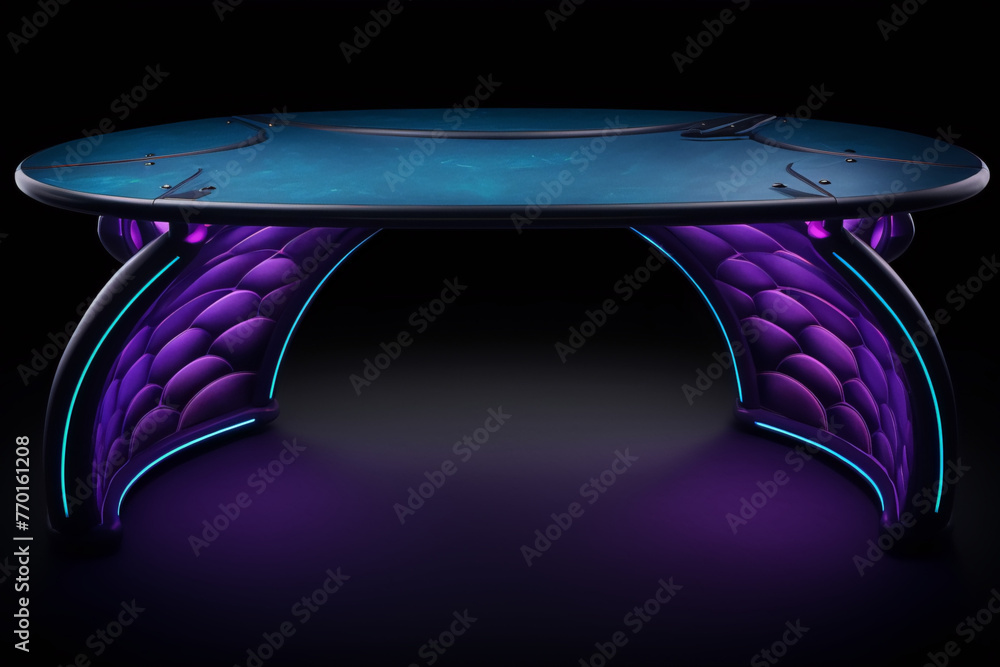 Futuristic glowing blue and purple gaming table with reptilian legs in ...