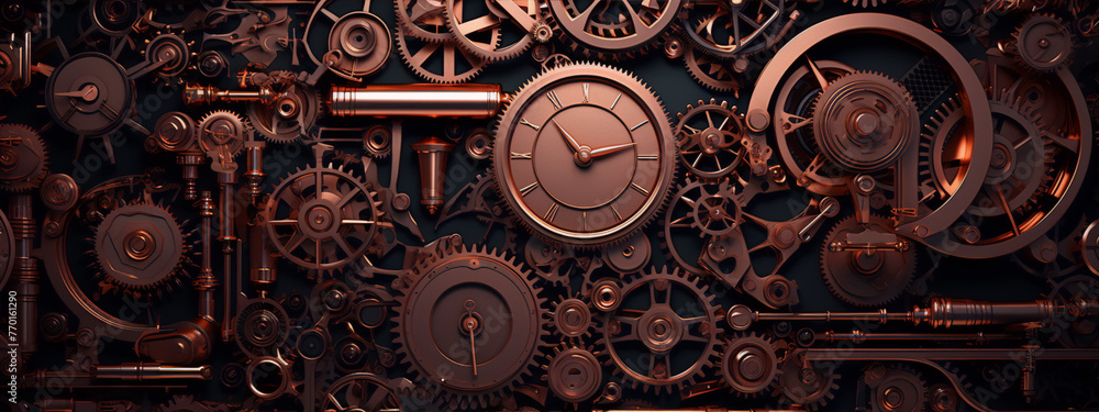 Steampunk copper cogs and gears with a clock in the center Stock ...