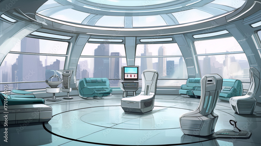 Futuristic interior of spaceship with large windows and blue and white ...