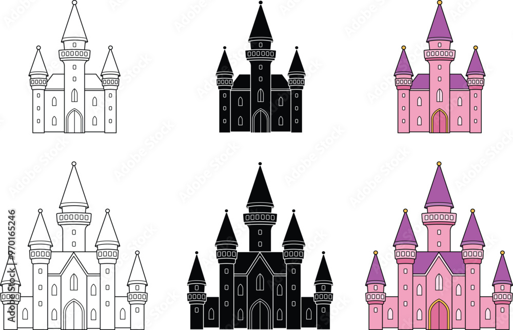 Cartoon Pink Princess Castle Clipart - Outline, Silhouette & Color ...