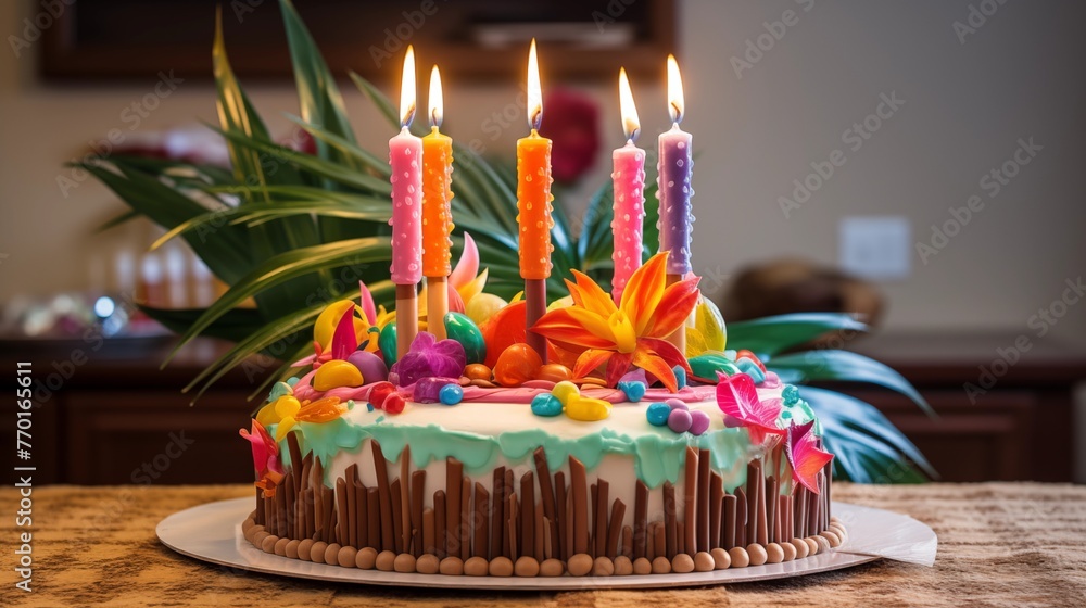 Hawaiian luau extravaganza cake with edible tropical fruits, leis, and ...
