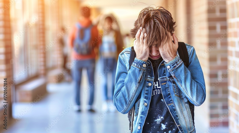 Distressed teen boy hides face in school corridor, emotional struggle ...