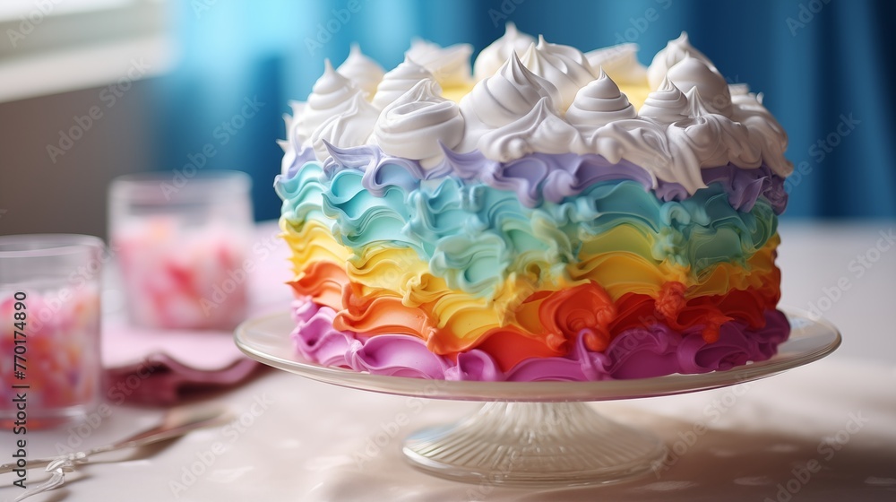 Rainbow Cake with Layers of Vibrant Colors and Whipped Cream Clouds ...