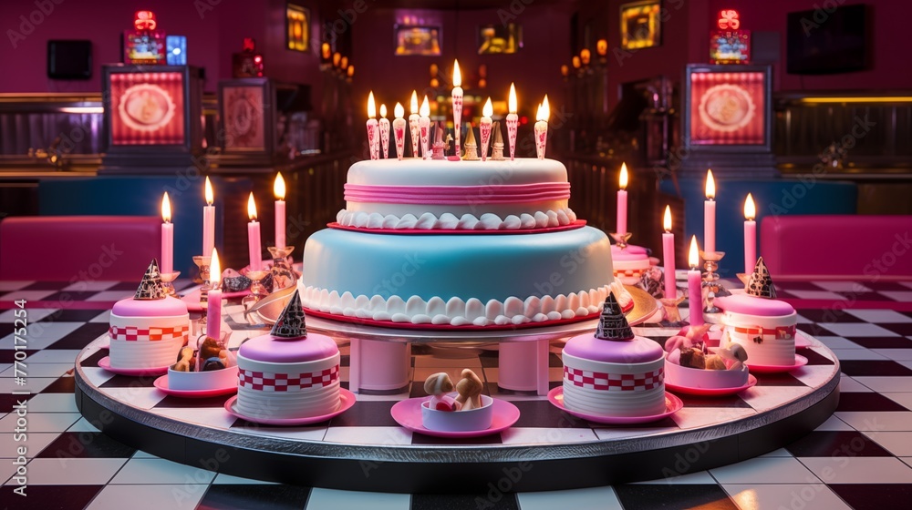 Retro diner birthday cake with edible burgers, milkshakes, and candles ...