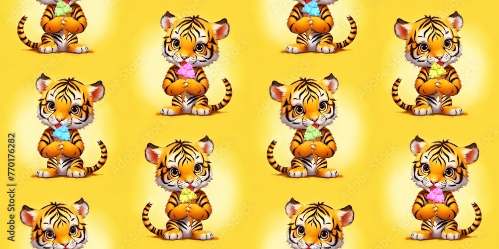 Tiger cub eats ice cream on yellow background. Cartoon illustration. AI ...