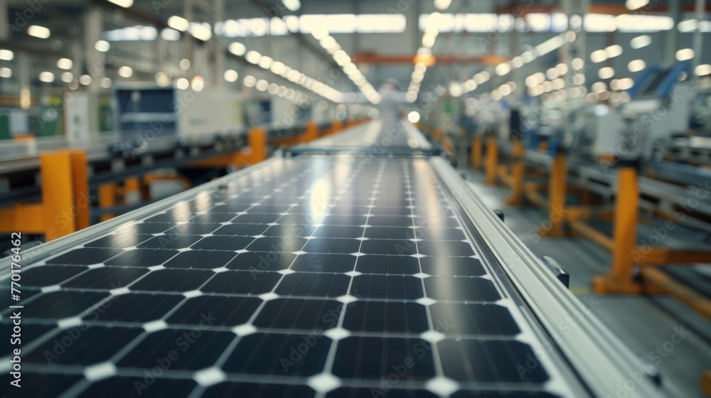A conveyor belt loaded with newly assembled solar panels slowly moving ...