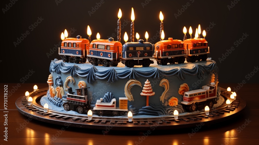 Vintage train cake with edible train cars, tracks, and candles shaped ...