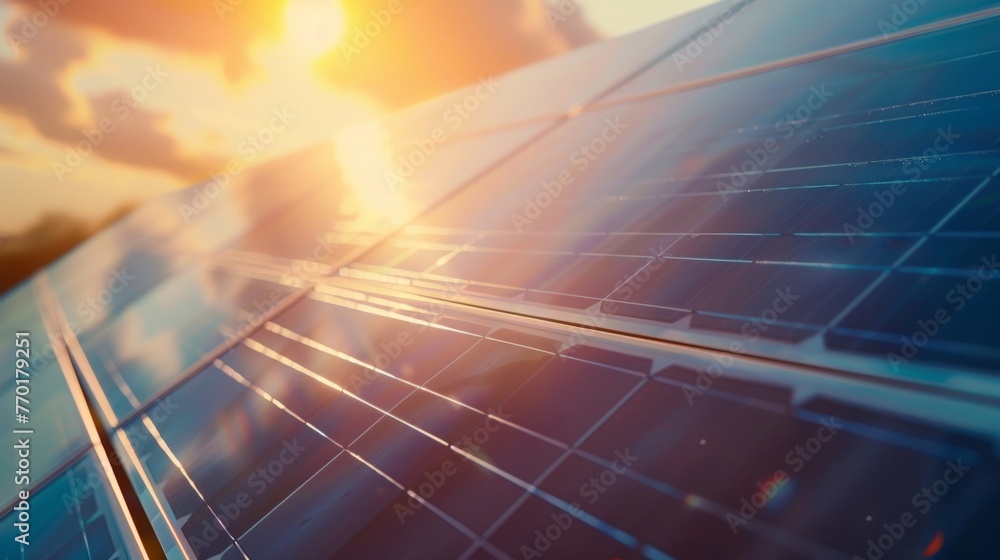 Sun rays shining down on the solar panels powering the ecofriendly ...