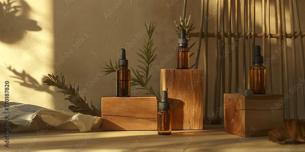 Warm color scheme, four essential oil bottles, glass bottles, wood ...