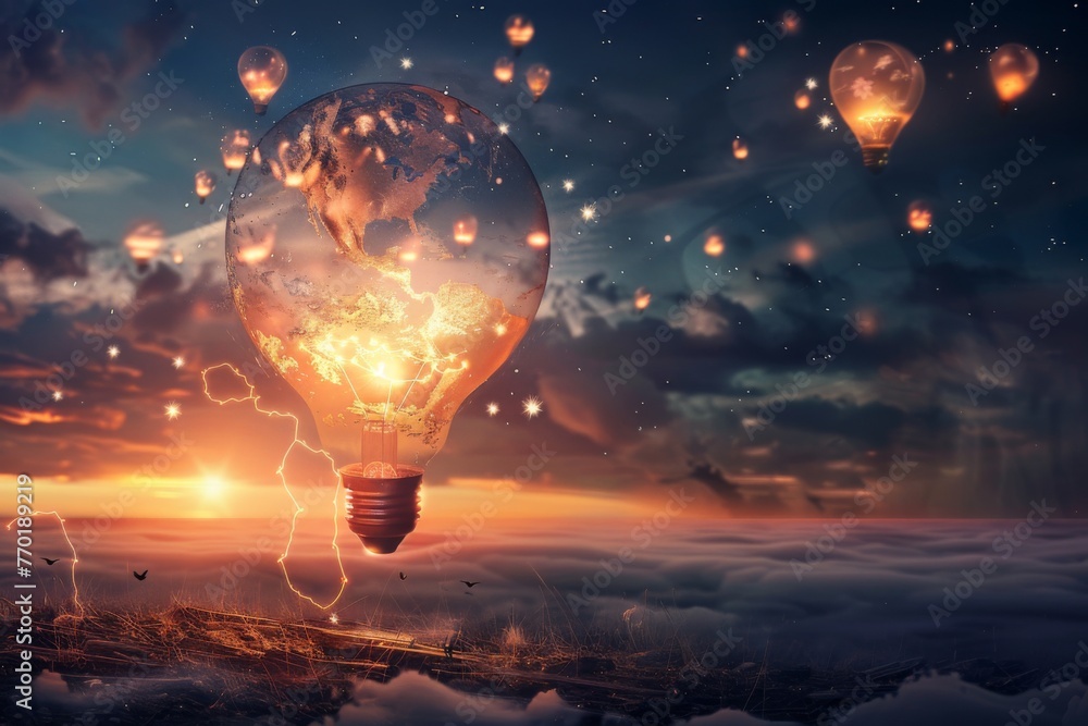 World map in a light bulb over sunset clouds - A majestic conceptual ...