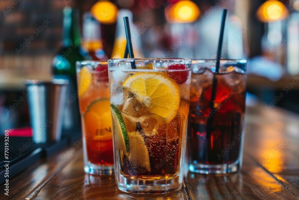 Assorted cocktails lined up on a bar top - Sharp image of diverse ...