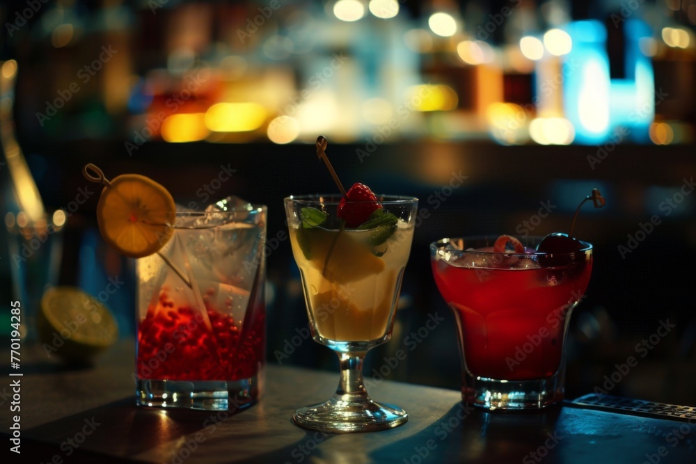 Dimly lit cocktails with garnishes on bar - Moody ambiance showcases a ...
