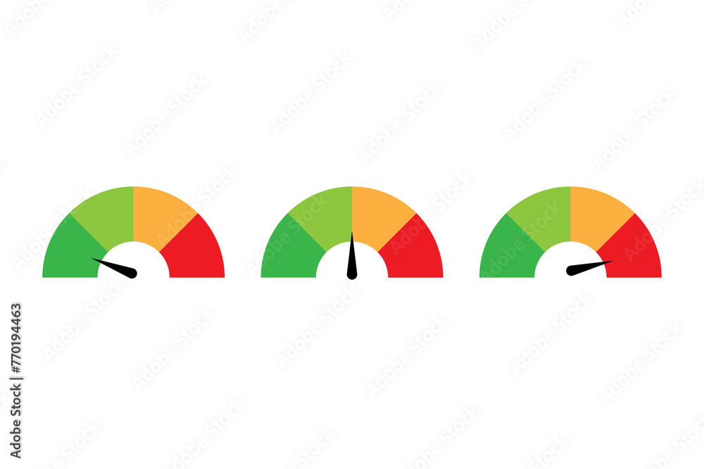 Performance meter icons. Indicator gauges set. Status dashboard dials ...