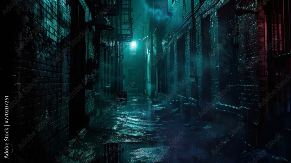 A dark alleyway glistening from the constant drizzle and illuminated by ...
