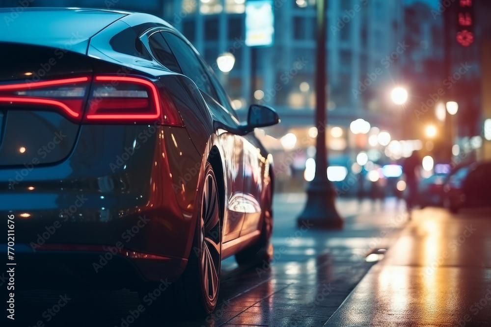 Red car parked on roadside with blurred night city lights background at ...