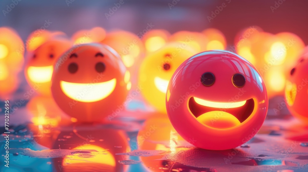 This image depicts an array of glowing 3D emoji balls with big,cheerful ...