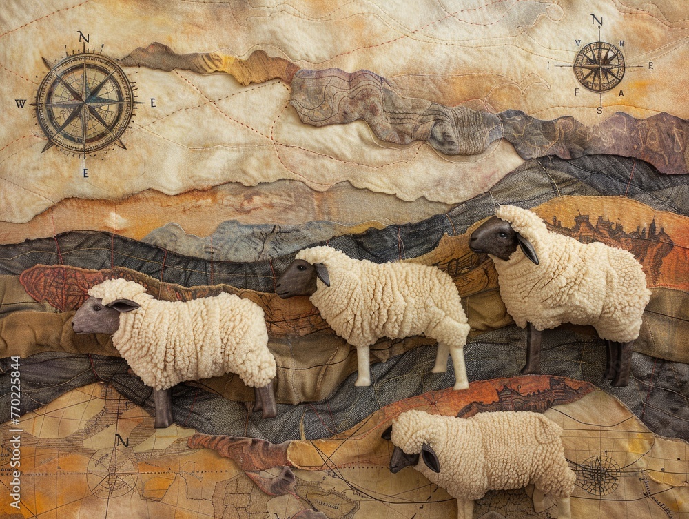 An adventurous scene of sheep with map and compass patterns in their ...