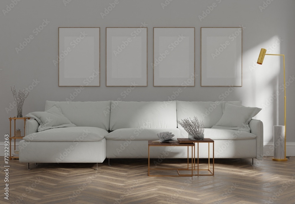 Mockup poster wood frame in empty four picture front view. living room ...